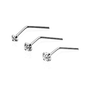 Kuyiuif 3 Piece Pack of 9ct Solid White Gold Claw Set CZ Crystal Stone 22 Gauge L Shape Nose Stud