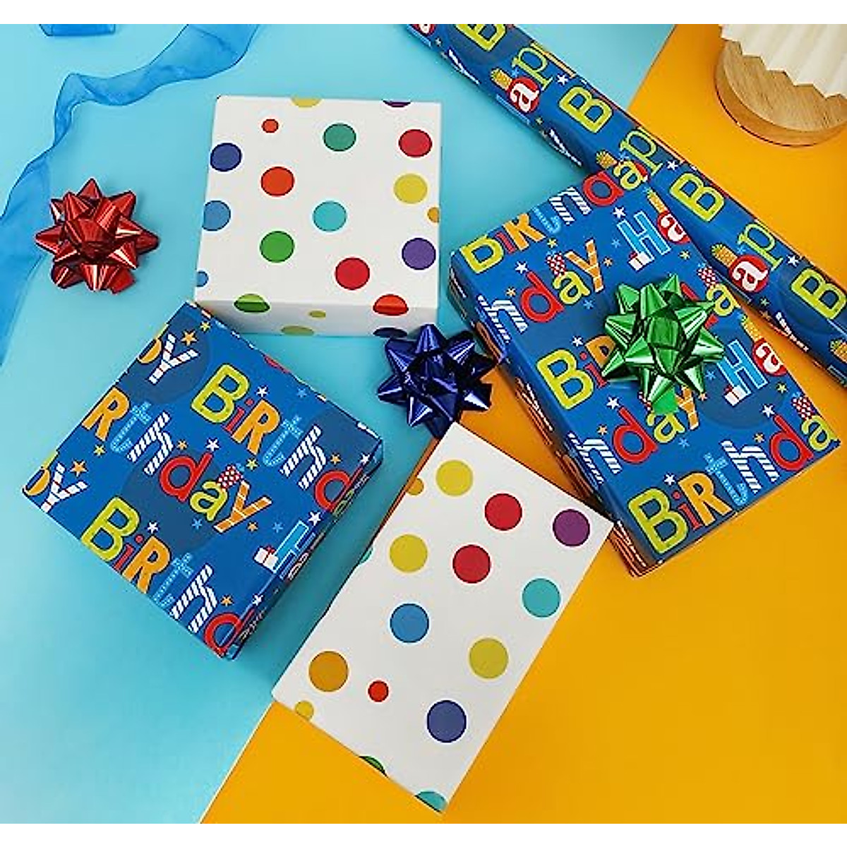 U'COVER Reversible Happy Birthday Wrapping Paper Roll for Kids Boys Girls - Birthday Greeting,Polka Dots Design Gift Wrapping Paper for Women Men Baby Shower Holiday 17.7inch×394inch Single Rolls