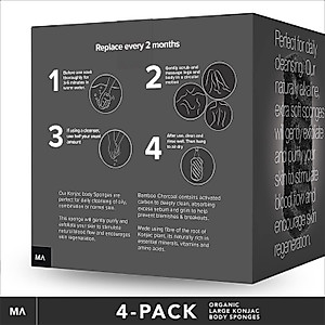 Minamul Konjac Exfoliating Organic Body Sponge | Gentle Daily Body face Scrub/Skincare | Infused with Best Bamboo Activated Charcoal | Safe for Oily, Dry, Combination or Sensitive Skin | 4 Pack Set
