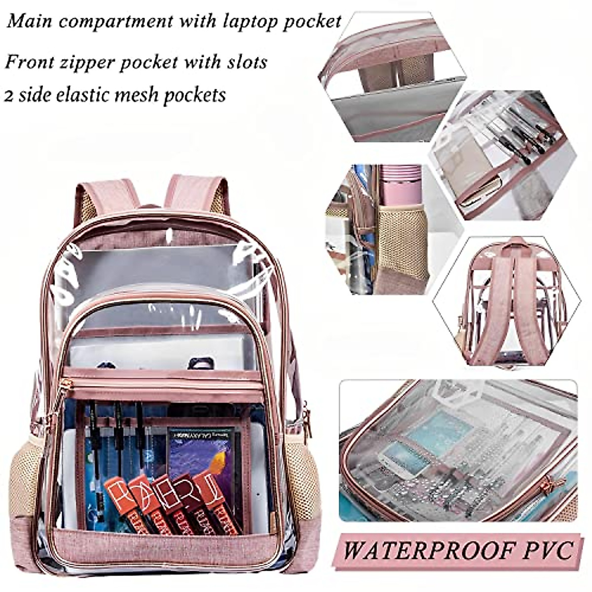 SOFARA 2pcs Clear Backpack for School Stadium Approved Transparent Bookbag See Through Student Teen (Rose Gold)