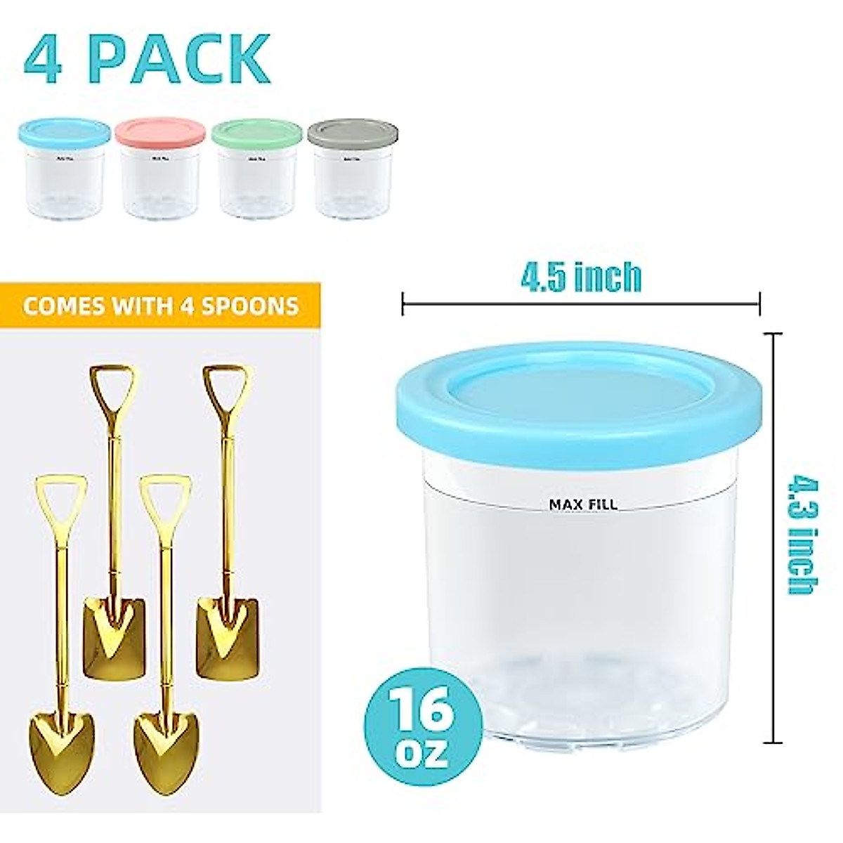 Ninja Creami Containers,4PCS Creami Pint Containers,Ice Cream Pints Containers with Lids for NC301 NC300 NC299AMZ Series Ice Cream Maker(Free Spoons)