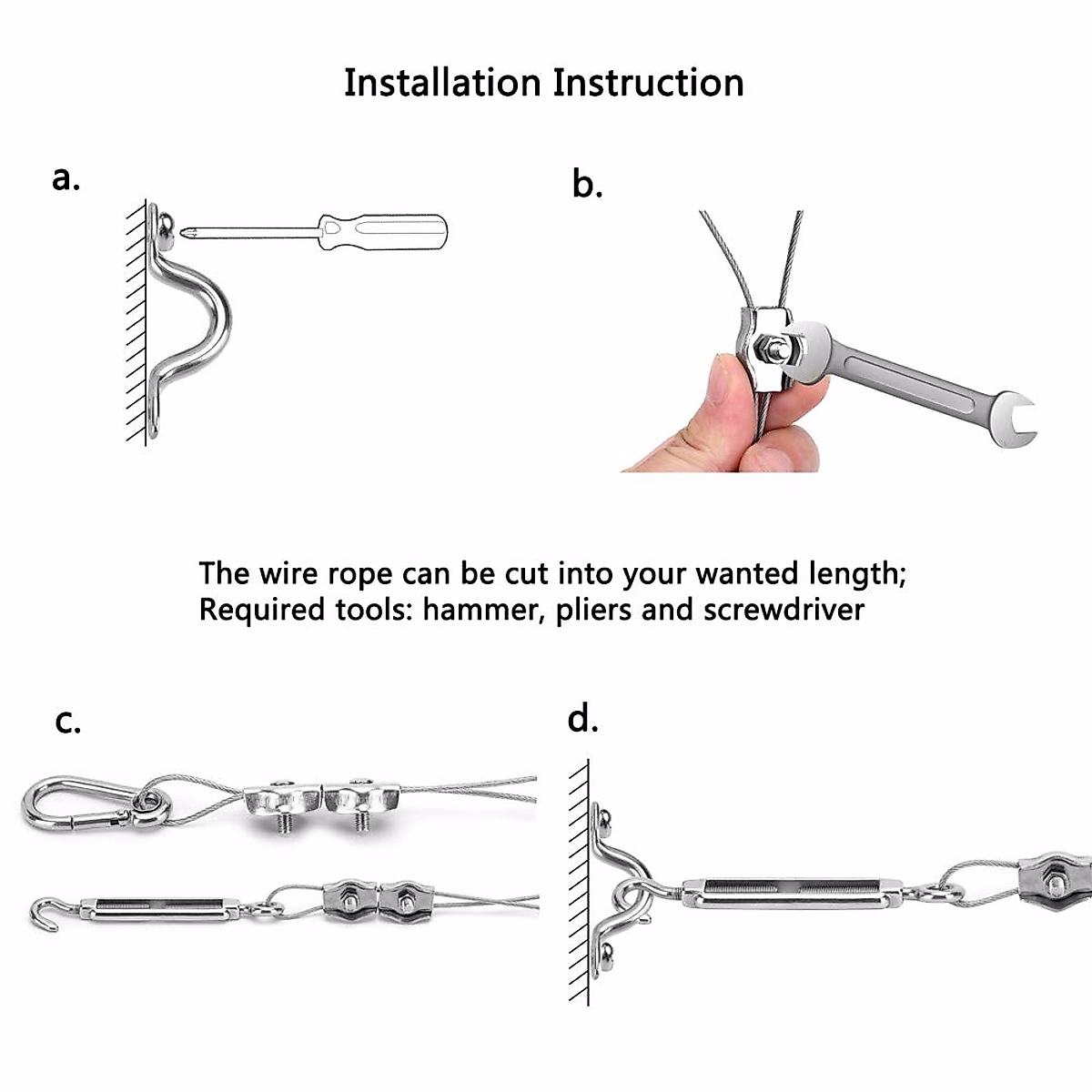 Litcher Globe String Light Suspension Kit, Outdoor Light Guide Wire, Vinyl Coated Stainless Steel Steel Cable，Include 150fts Transparent PVC and 304 Stainless Steel Wire Cable, Turnbuckle and Hooks