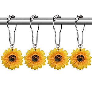 CHICTIE Flowers Shower Curtain Hooks Rings, 12 Pcs Decorative Rustproof Shower Rings for Bathroom Set (Yellow Sunflower)