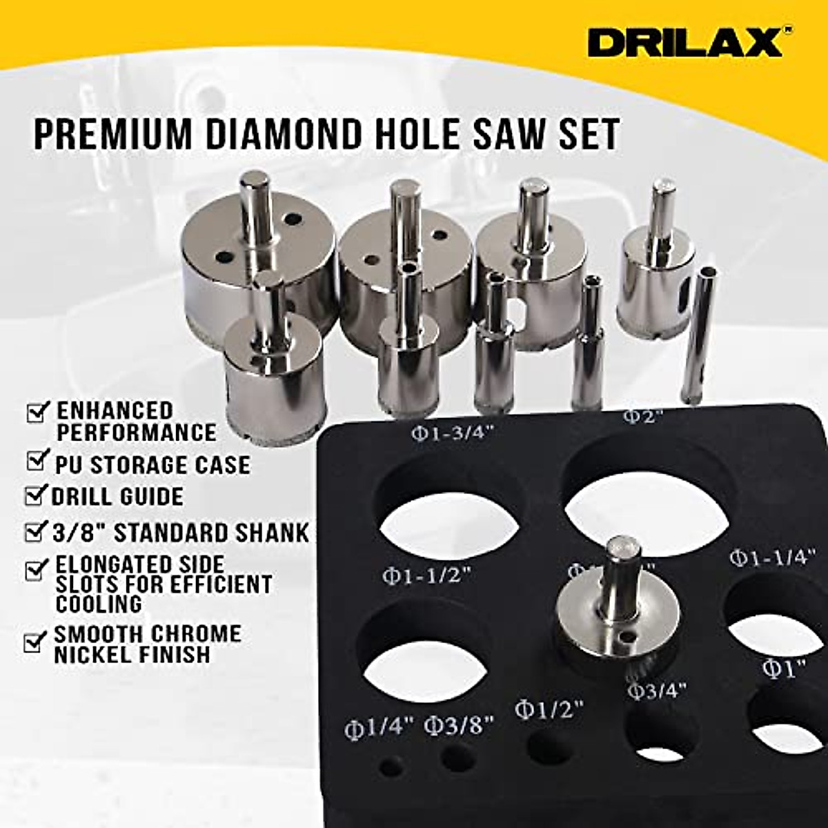 Drilax Diamond Hole Saw Set with Template Guide 0.25 to 2 inches 10 Pieces for Ceramic Porcelain Glass Tiles Quartz Granite Drilling 1/4, 3/8, 1/2 (0.5), 3/4, 1, 1 1/4, 1 3/8, 1 1/2, 1 3/4, 2 inches