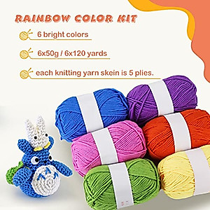 CACOE 6PCS Acrylic Yarn Skeins with Crochet Kit -6x50g 660 Yards of Craft Yarn for Knitting and Crochet,Yarn for Crocheting Beginners and Professional,Starter Pack for Adults(Rainbow - 6 Colors)