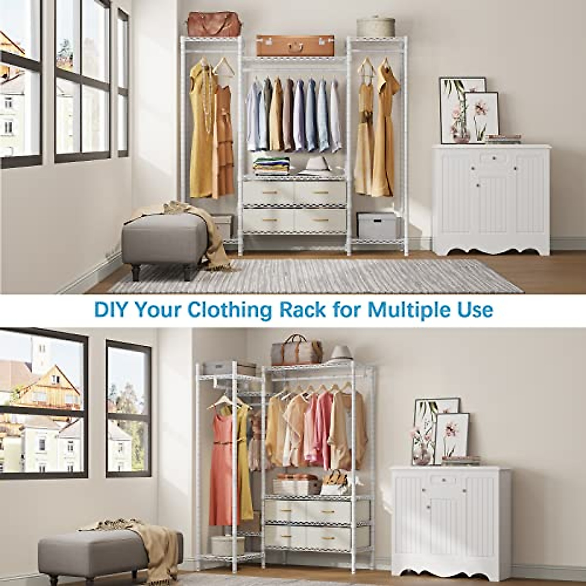 VIPEK V20i Wire Garment Rack Heavy Duty Clothes Rack Metal Clothing Rack with Adjustable Shelves Hanging Rods & Fabric Drawers, Compact Freestanding Bedroom Armoires Closet Storage Organizer, White