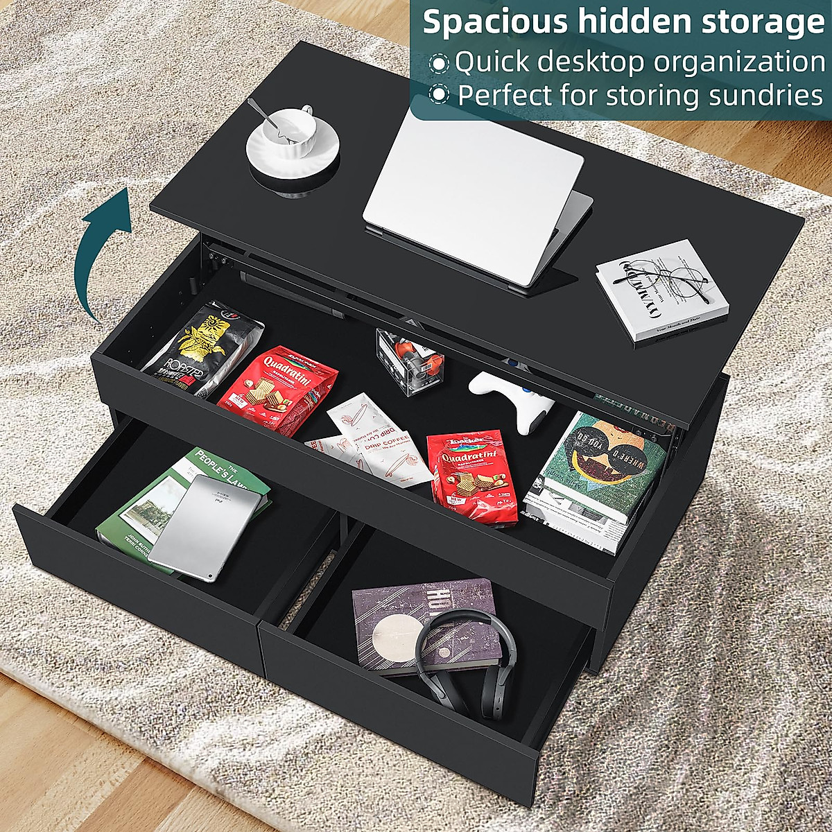 HOMMPA 40'' Lift Top Coffee Table for Living Room, Black Coffee Tables with Storage, LED Modern Coffee Table Rectangular Black Gloss, Flip Top Center Table with 2 Drawers and Hidden Compartment