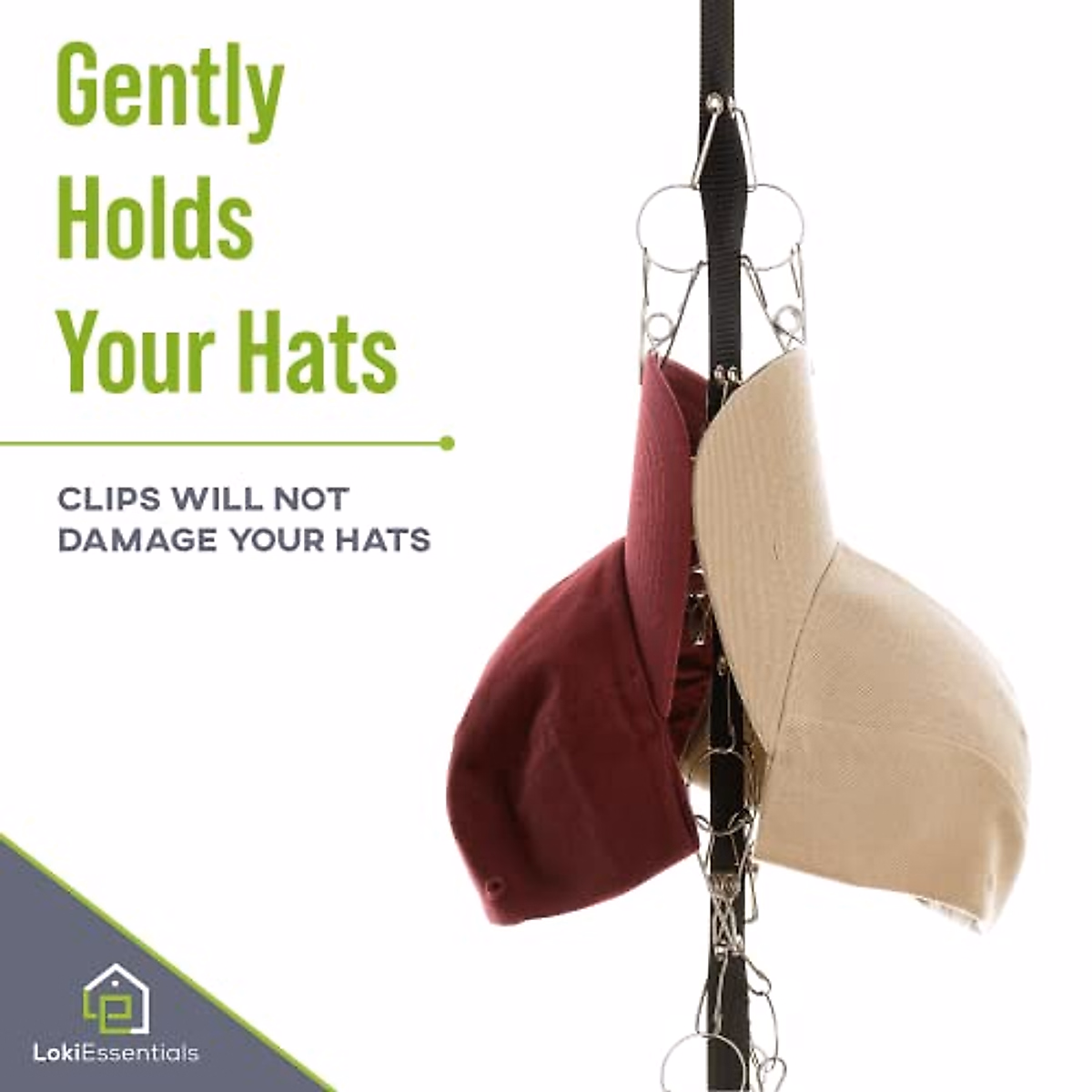 LokiEssentials Hat Organizer Holder Rack for Closet Rod (2 Pack) Easy Hat Storage Hangers for Baseball Cap, 16 Large Premium Clips for Ball, Golf Caps, Beanies, & Sports Cap Organization