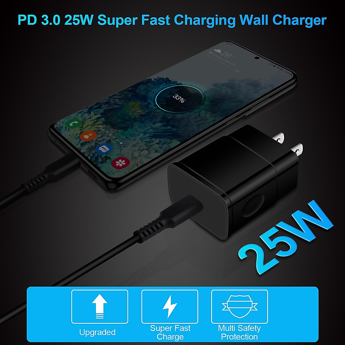 Super Fast Samsung Charger for Galaxy S24/S23/S22/S21/S20 FE/S23 Ultra/S23 Plus/S22 Ultra/A15/A14 5G/A54/A53/A23/A13/A12/A32/Z Flip 5 4 3, 25W USB C Wall Charger 6ft Android Charger Type C to C Cable