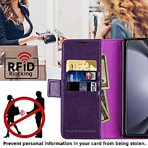 MONASAY Wallet Case Compatible for Galaxy Z Fold 5 5G with S Pen Holder, Flip Folio Leather Cell Phone Cover with RFID Blocking Credit Card Holder, Purple