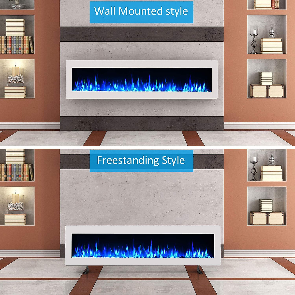 GMHome 50 Inches Wall Mounted Electric Fireplace Freestanding Heater Crystal Stone Flame Effect 9 Changeable Flame Color Fireplace, with Remote, 1500W – Metal Panel, White