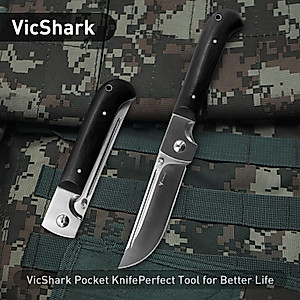 VicShark Pocket Knife, Hunting knives knives for men D2 Steel Blade Ebony Handle EDC Knife with Pocket Sharp Camping Survival Hiking Knives With Keychain