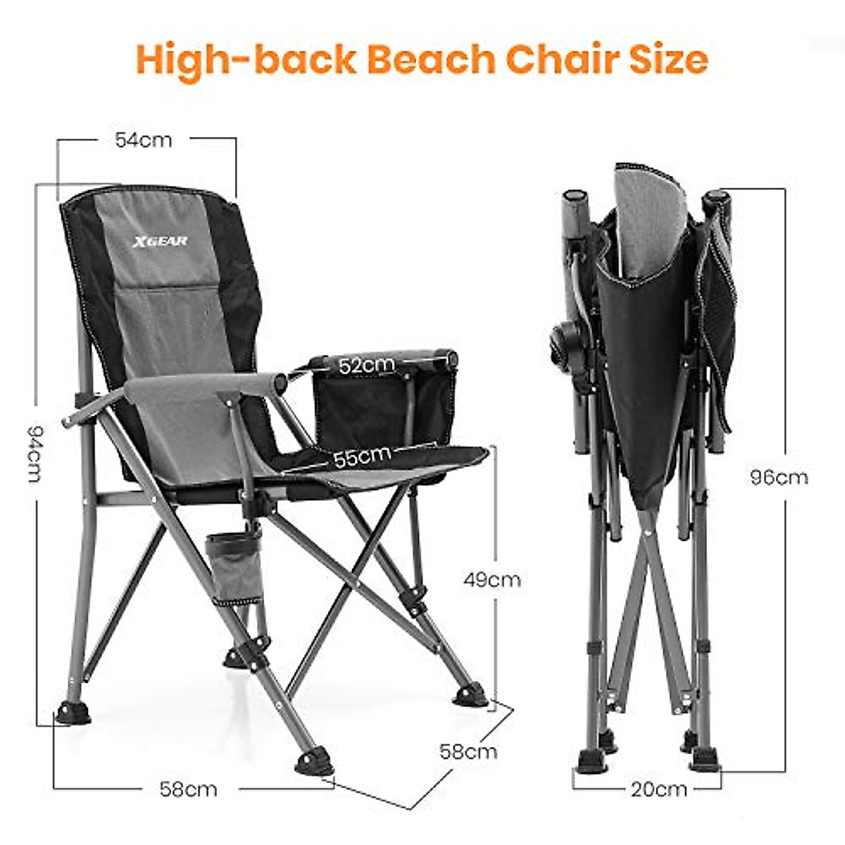 XGEAR Camping Chair with Padded Hard Armrest, Sturdy Folding Camp Chair with Cup Holder, Storage Pockets Carry Bag Included, Support to 400 lbs(Grey)