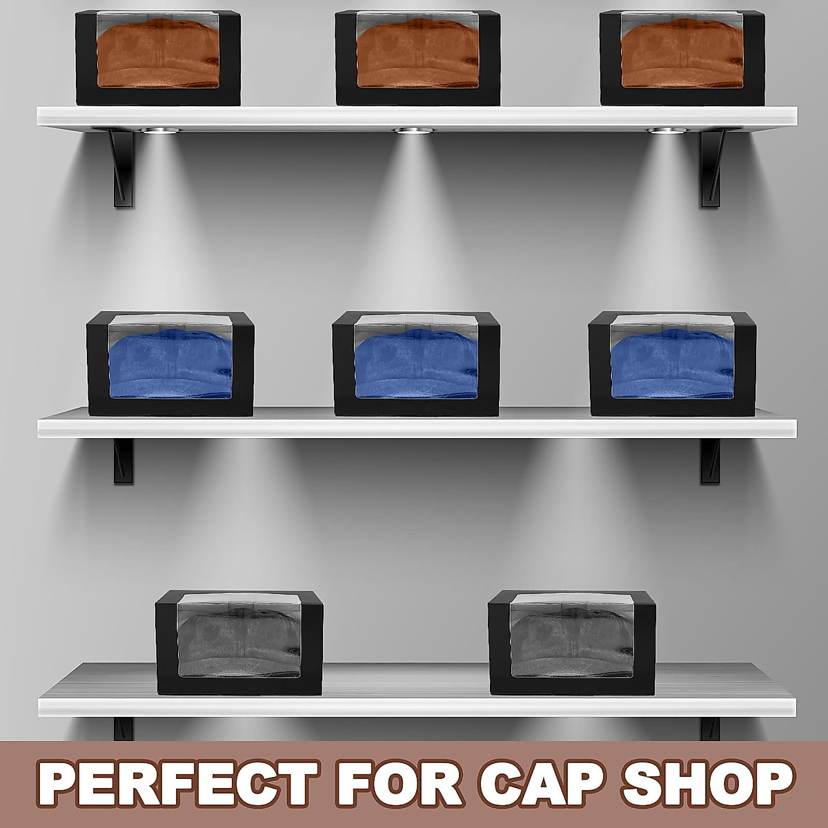 DoubleFill 50 Pcs Display Black Gift Boxes with Window Clear for Baseball Caps 7.6" x 7.6" x 4.7" Paper Hat Organizer Box Packing Fold Hat Storage Hat Display Case Hat Holder