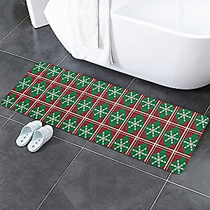 Kitchen Mat Rug 1 PCS Christmas Snowflake Red Green Diamond Plaid Runner Rug Anti-Fatigue Comfort Memory Foam Standing Mat Non-Slip Floor Door Mat for Bathroom Bedroom 18x47in