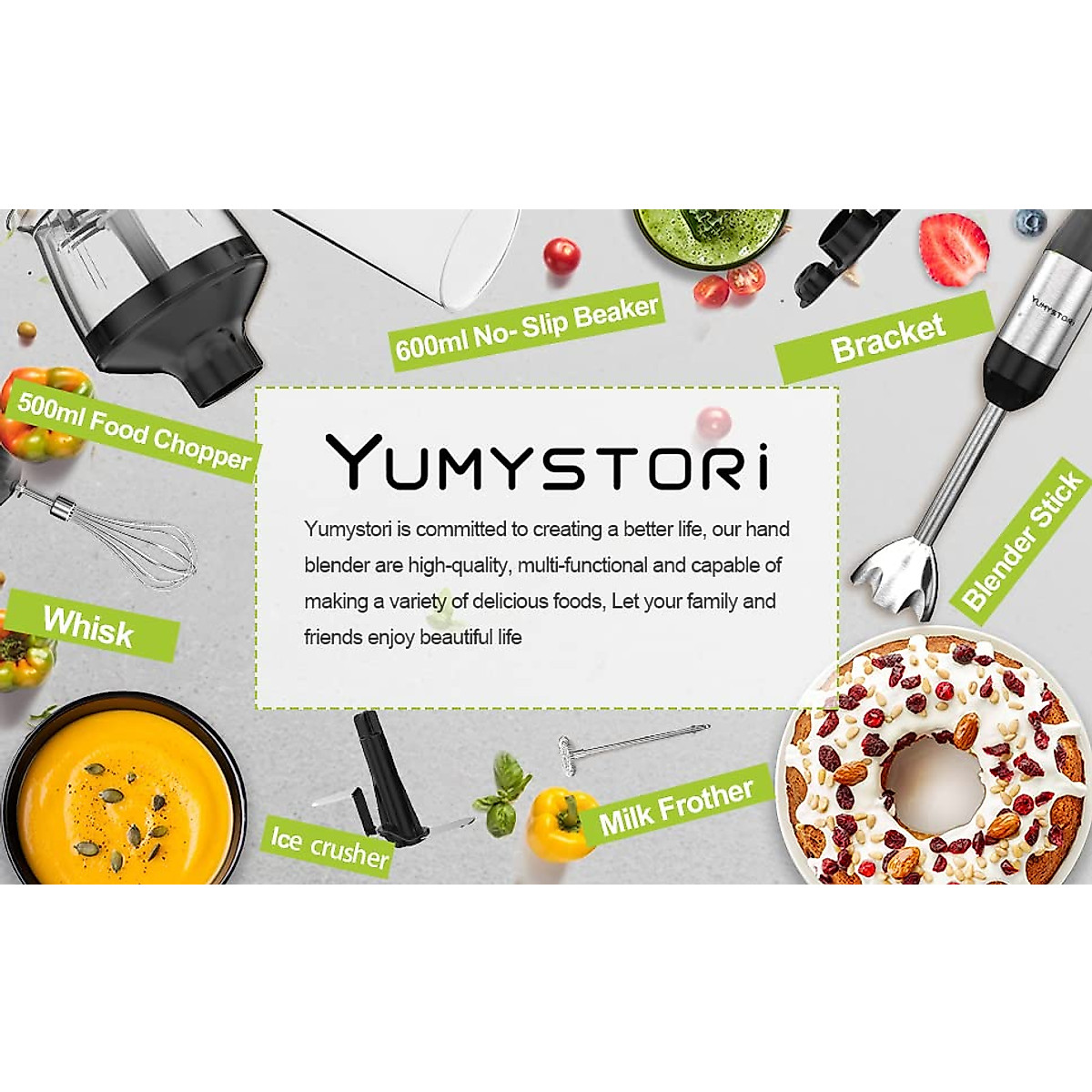 Immersion Blender 7 in 1 Hand Blender Ice Chopper 800W Heavy Duty Motor, 20 Speed and Turbo Mode Handheld Blender Stainless Steel Blade with Ice Crush Blade, Storage Bracket, 500ML Chopper, 600ML Mixing Beaker, Whisk, Milk Frother