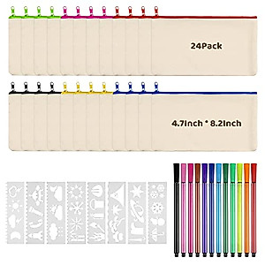 QUEEN KING 44 Pieces Blank Craft DIY Canvas Bags, 24pcs Canvas Zipper Pouch Bags and 8pcs White Template with 12pcs Watercolor Pens, Canvas Pencil Pouch Canvas Makeup Bags for Girls Teens (4.7*8.3in)