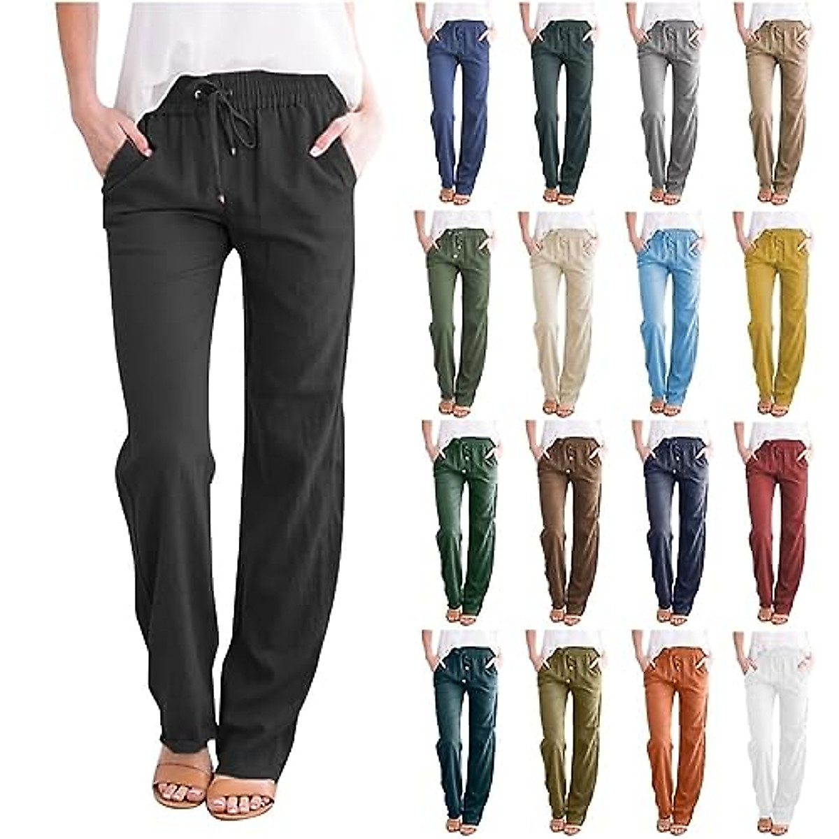 Somacperiy Women Cotton Linen Casual Pants Straight Leg Drawstring Elastic High Waist Loose Comfy Palazzo Trousers with Pockets(Black,Medium)