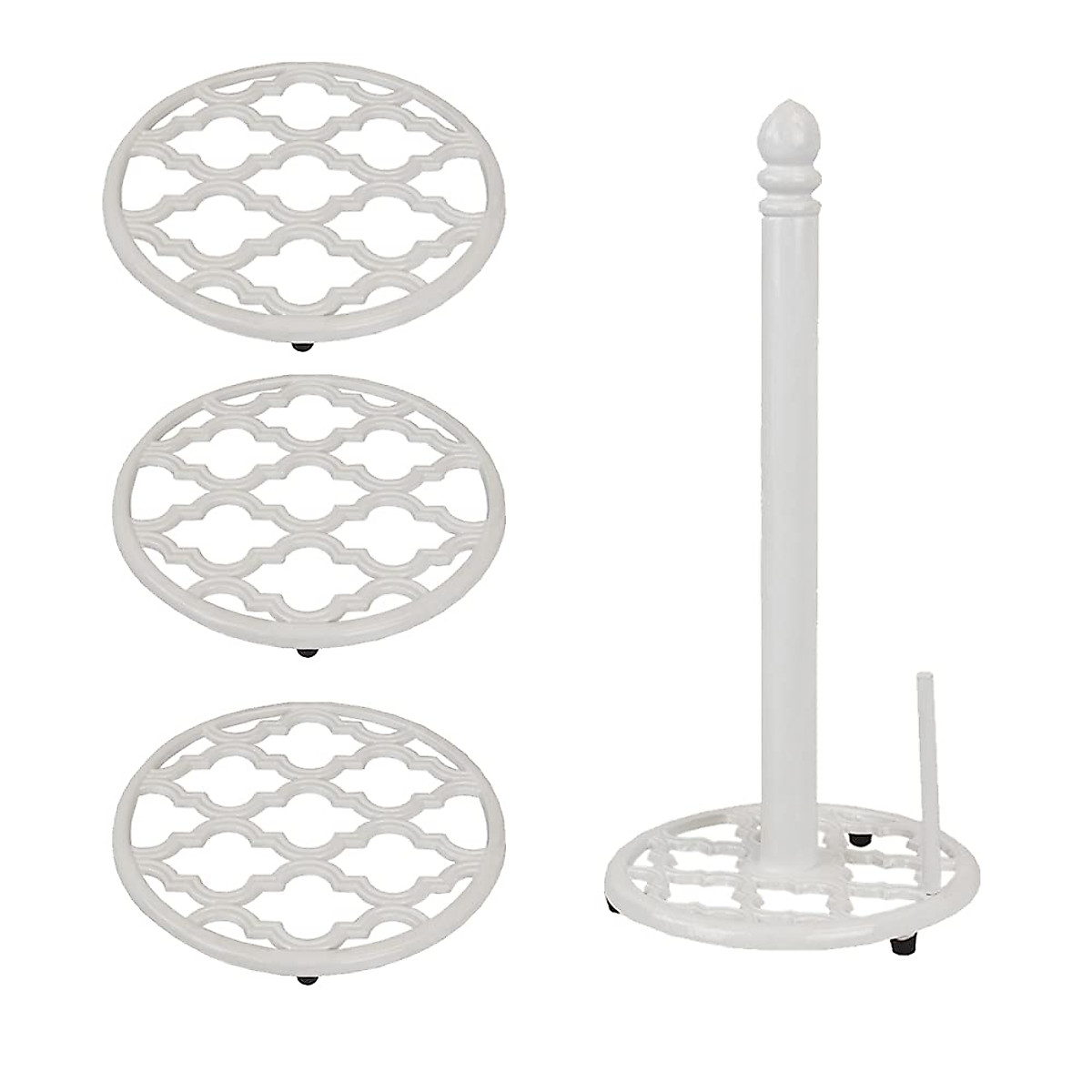 Home Basics Lattice Collection | Made from Cast Iron | 3 Trivets | 1 Paper Towel Holder | Complete Your Kitchen | White