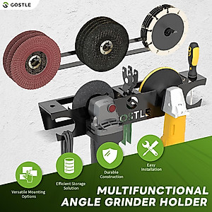 gostle 2 Bay Angle Grinder Holder with Discs Hook Rack, Grinders Power Tools Holder Storage Rack, Wall Mount Organizer Bracket for Cutters Polishers with Cord Hanger and Hooks