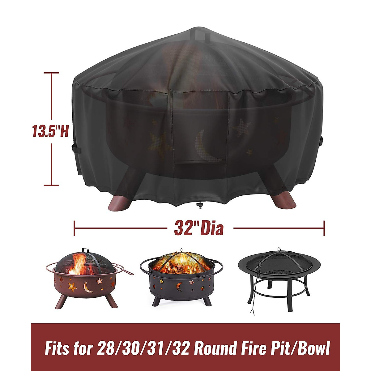 NUPICK 32 Inch Round Fire Pit Cover for Landmann Big Sky, 600D Heavy Duty and Waterproof Cover Fit 28/30/31/32 Inch Round Fire Pit/Bowl, All Weather Resistant