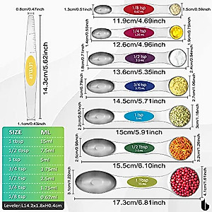 Urbanstrive Magnetic Measuring Spoons Set Stainless Steel, Dual Sided for Liquid Dry Food, Measuring Cups Spoons Set Fits in Spice Jar, Kitchen Gadgets, Cooking Utensils Set, Including Leveler, 8Color