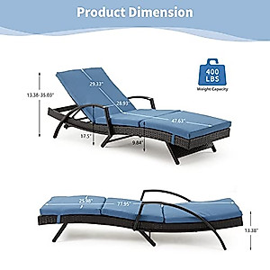 GYUTEI Patio Lounge Chair Rattan Chaise Lounge Chair with Adjustable Backrest Thickened Cushion,PE Rattan Steel Frame Outdoor Reclining Chaise for Patio Backyard Porch Garden Poolside(Light Blue)