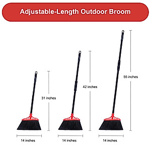 Tiumso Heavy Duty Broom, Outdoor Brooms, Commercial Broom for Sweeping Indoor, Kitchen Broom with 55" Long Handle, Angle Brooms for Patio Kitchen Shop Sidewalk - Black and Red