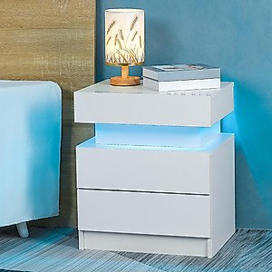 CuisinSmart Led Nightstand, Bedside Table Cabinet with Lights High Gloss End Side with 2 Drawers, White Smart Nightstand Flip-Top Hidden Storage Space for Bedroom White As Shown