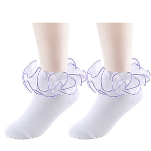 Yepami Big Girls Lace Socks Shimmering Cute Ruffle Comfortable Frilly Dress Ankle Socks 3 Pairs (Purple, Medium, 5_years)