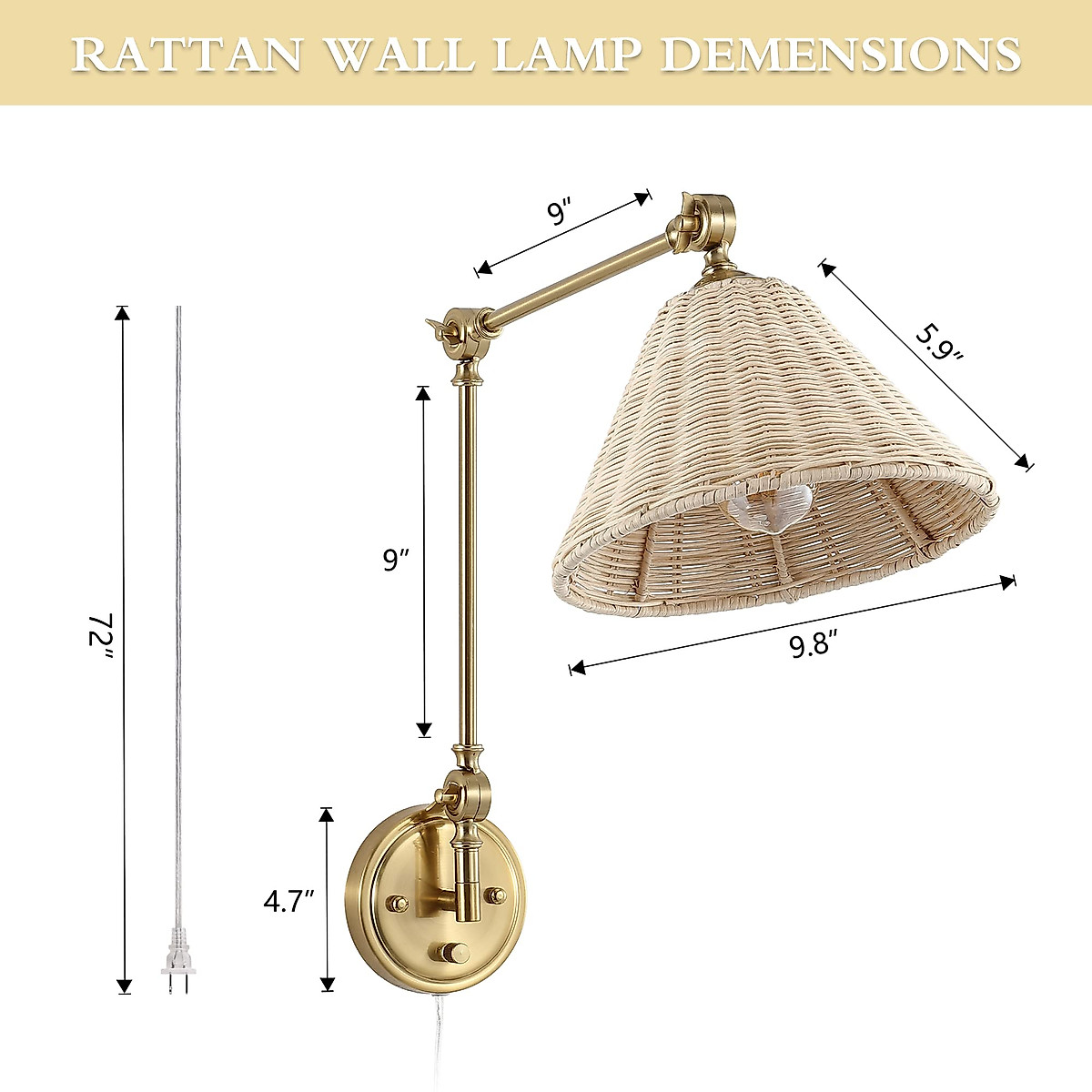 WINGBO Wall Sconce Rattan Wrapped Wall Lamp, Adjustable Swing Arm Wall Light Gold Vintage Bedside Light Fixture Wicker Handmade Shade Brass Reading Light Plug in or Hardwire (2 Pack)