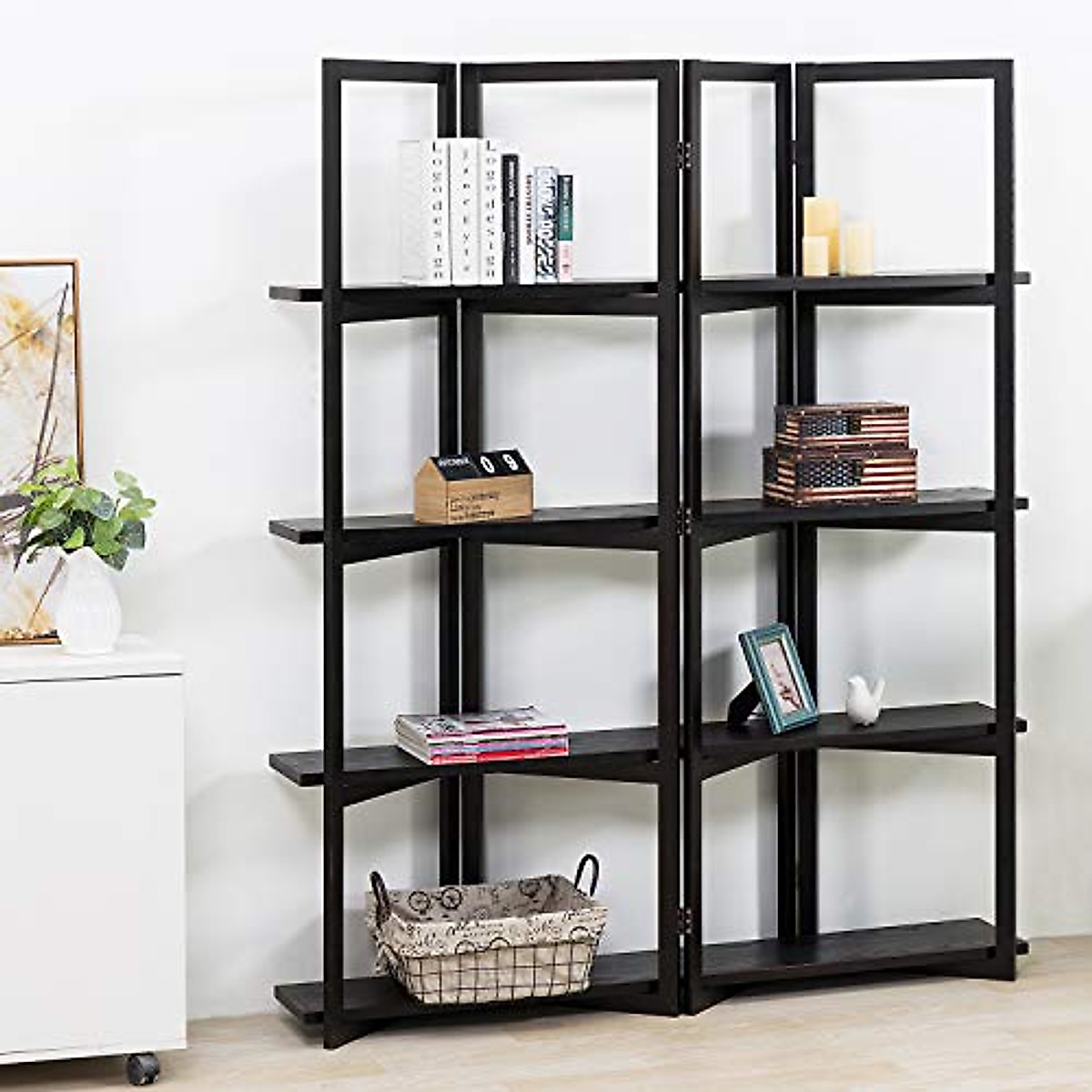 MyGift 4-Panel Open Bookcase Black Wood Room Divider with 4 Shelves