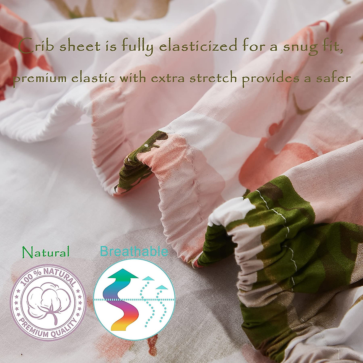 Brandream Sunny Floral Crib Bedding Sets for Girls Nursery Set 3-Piece Farmhouse Comforter Set, Baby or Toddler Fitted Sheet, Double Lace Crib Bed Skirt, Cotton