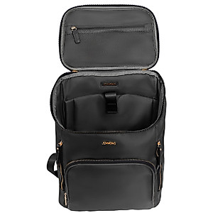 Joan & David Twill Nylon 18" Backpack with Padded Laptop Sleeve, and Luggage Strap with 1 Free TSA Approved Bottle, Fits Up To 15" Inch Laptop (Black)