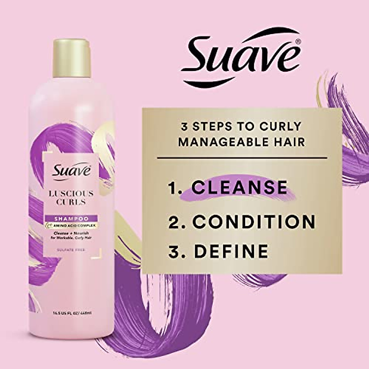 Suave Pink Luscious Curls Shampoo for Defining Curly Hair with Amino Acid Complex 16.5 oz