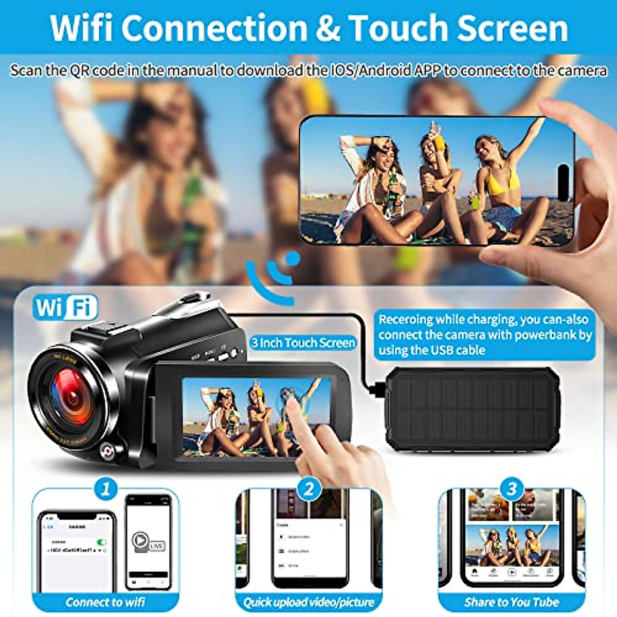 4K Video Camera Camcorders 30MP Ultra HD Infrared Night Vision Wifi Vlogging Camera for YouTube 30X Digital Zoom Touch Screen Camera Recorder with Wide-Angle Lens,32GB SD card、Infrared Flashlight