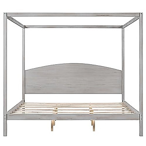 King Size Canopy Bed Frame with Headboard and Support Legs, King Canopy Bed King Size Canopy Bed Frame, Solid Wood King Bed Frame, 4-Post Canopy Bed Frame, No Box Spring Needed, Grey Wash