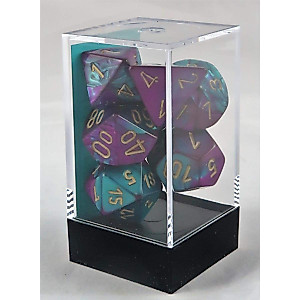 Polyhedral 7-Die Gemini Dice Set: Purple & Teal with Gold (d4, d6, d8, d10, d12, d20 & d00)