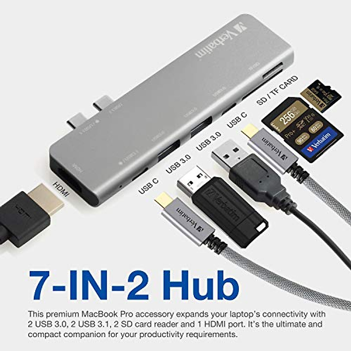 Verbatim 7-in-2 USB C Hub Adapter - 100W Power Delivery, USB 3.0, SD Card Readers for MacBook Pro + 6FT Monster 4K Ultra HDMI Cable