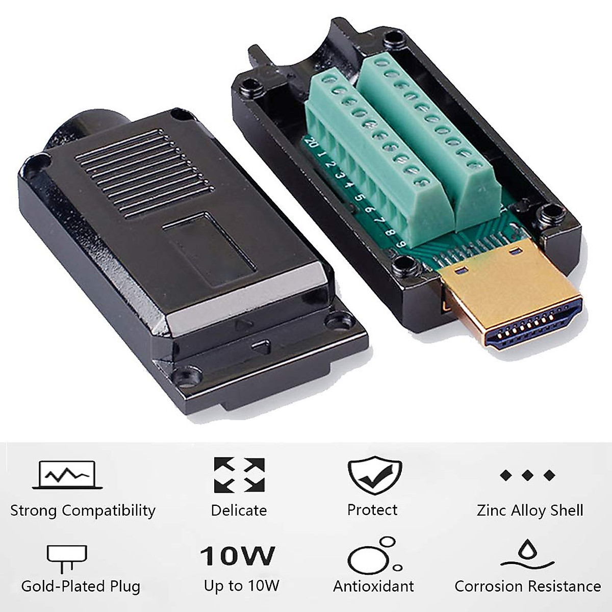 Jienk 2Pack HDMI Solderless Adapter, Gold Plated Plug Signals Terminal Breakout Board Connector with Metal Shell