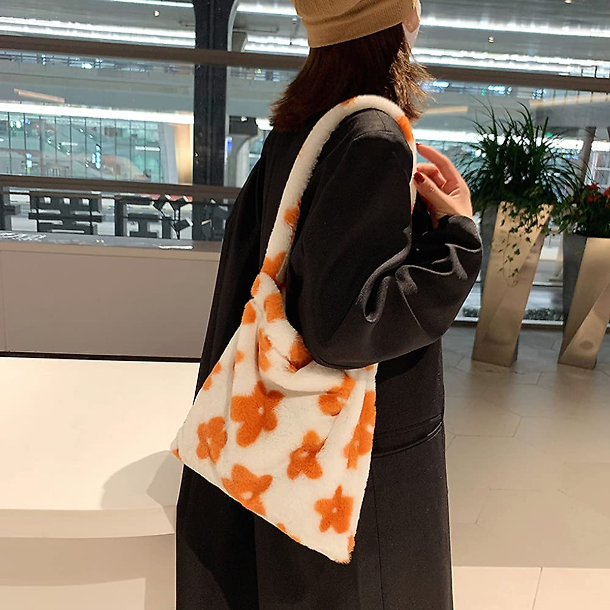 holygloomy Girls Fluffy Plush Shoulder Bag Plush Underarm Bag Plush Handbag Furry Messenger Bag for Autumn Winter Shopping Travel, Orange