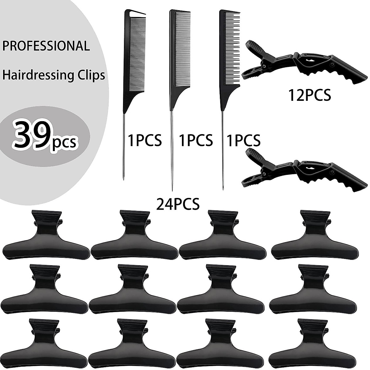 39 Pcs Butterfly Hair Clips Set with Non-slip Grip - Alligator Croc Clips, 3 Rat Tail Combs for Sectioning and Styling Hair Salon Tool for Girls