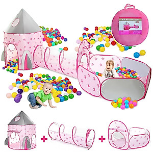 Princess Tent for Girls with Kids Play Tents, Crawl Tunnel and Baby Ball Pit for Toddlers, Pink Pop Up Playhouse Toys for Boys Indoor& Outdoor Games, Birthday Kid’s Gifts