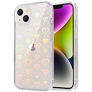 Tksafy Case Compatible iPhone 14 Case, Clear Glitter Cute Laser Holographic Love Heart Pattern for Women Girls, Anti-Yellow Hard PC Protective Phone Cover for iPhone 14 6.1-inch 2022, Rainbow Heart