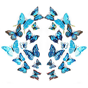 Tuxiaobu 24PCS Butterfly Wall Decal, Removable Refrigerator Magnets Mural Stickers, 3D Wall Stickers for Kids Home Room Art Decorations Wall, Double Wings - Blue