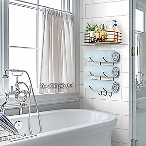 Towel Racks for Bathroom, Towel Holder Wall Mounted for Small Bathroom Wall, Roll Towel Rack with 3 Towel Hooks and Wooden Shelf, Drilling and No-Drill Installation Options Available, Black