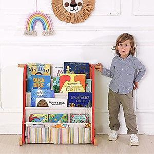 Bolocon Kids Car-Shaped 5-Tier Sling Book Rack Features Two Top Handles for Toddler Boys and Girls Gift,Storage Bookcase Bookshelf Organizer with Deep Canvas Sleeves (Racing Red)