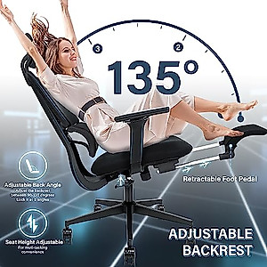 Ergonomic Mesh Office Chair with Retractable Footrest - High Back Computer Chair, Lumbar Support, 4D Adjustable Armrest and Headrest, Durable Base - Multifunctional Home Office Desk Chair for Adults