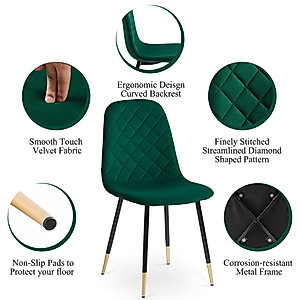 NORDICANA Velvet Dining Chairs Kitchen Plain Color Chair Upholstered Side Stools with Backrest Metal Legs Set of 4, Kelly Green