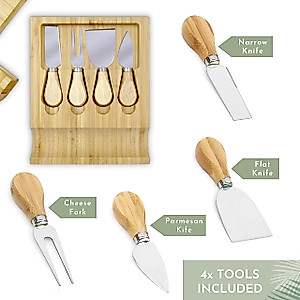 Bamboo Cheese Board and 4 Knives Set - Charcuterie Board with Knives, 13” Large Charcuterie Platter and Serving Tray, Housewarming Gift, and Wedding Gift